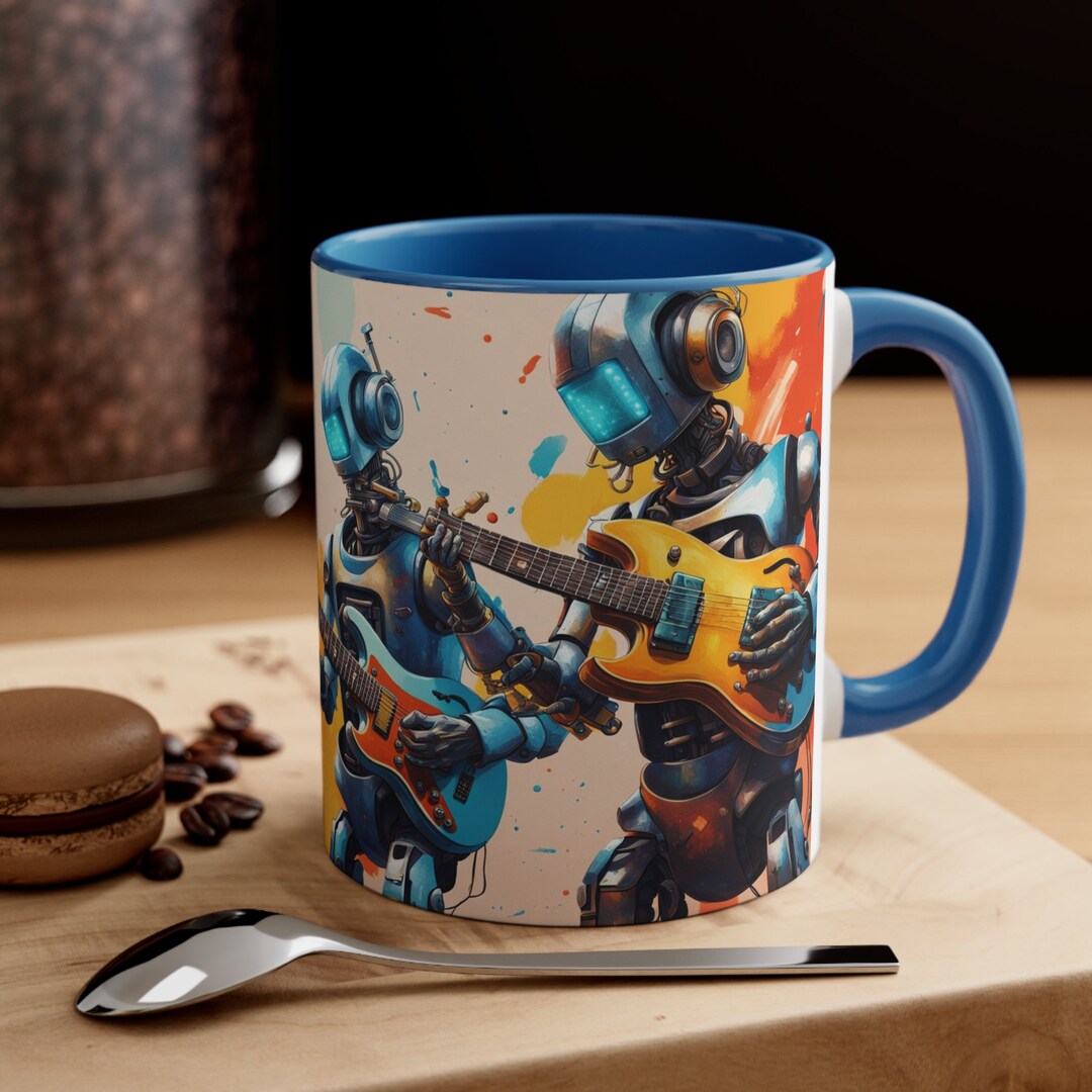 Robots Playing Guitar Coffee Mug, Robot Coffee Mug, Guitar Coffee Mug ...