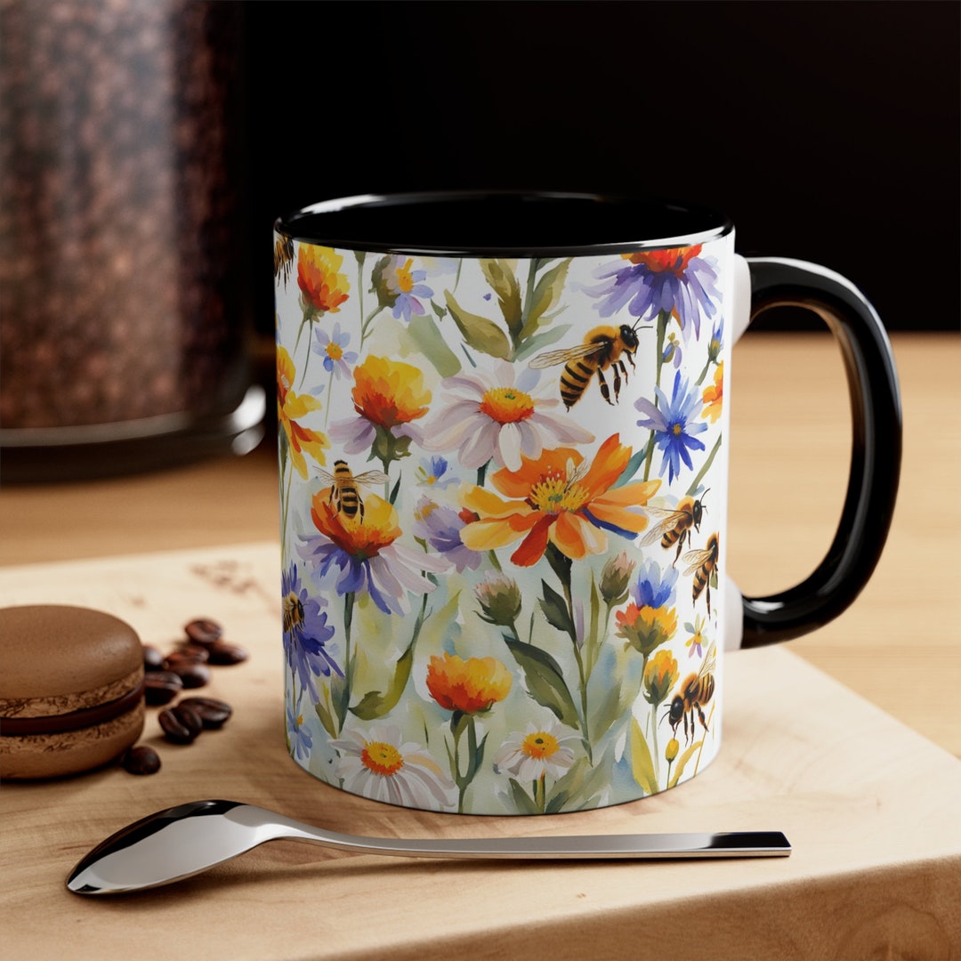 Boho Bee and Flower Mug, Pollinators Coffee Mug, Nature Bees Mug ...