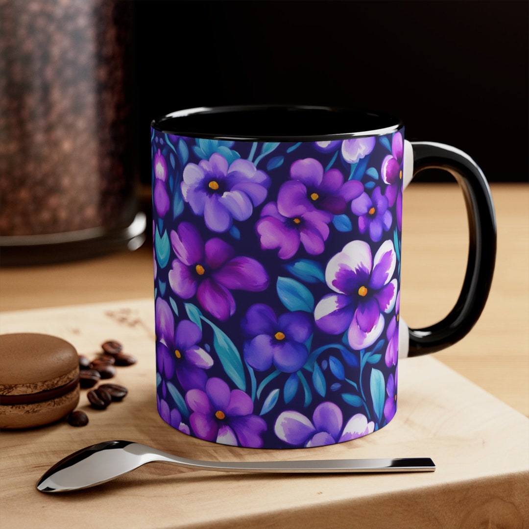 Purple Flower Coffee Mug, Purple Floral Mug, Floral Coffee Cup, Purple ...