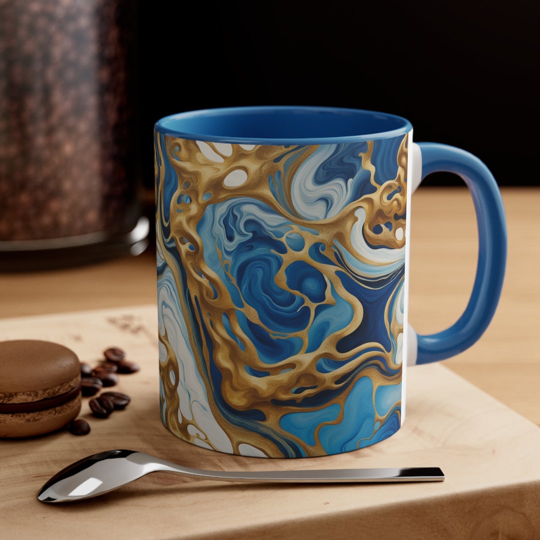 Blue and Gold Marbled Pattern Mug, Luxury Coffee Mug, Marble Coffee Mug ...