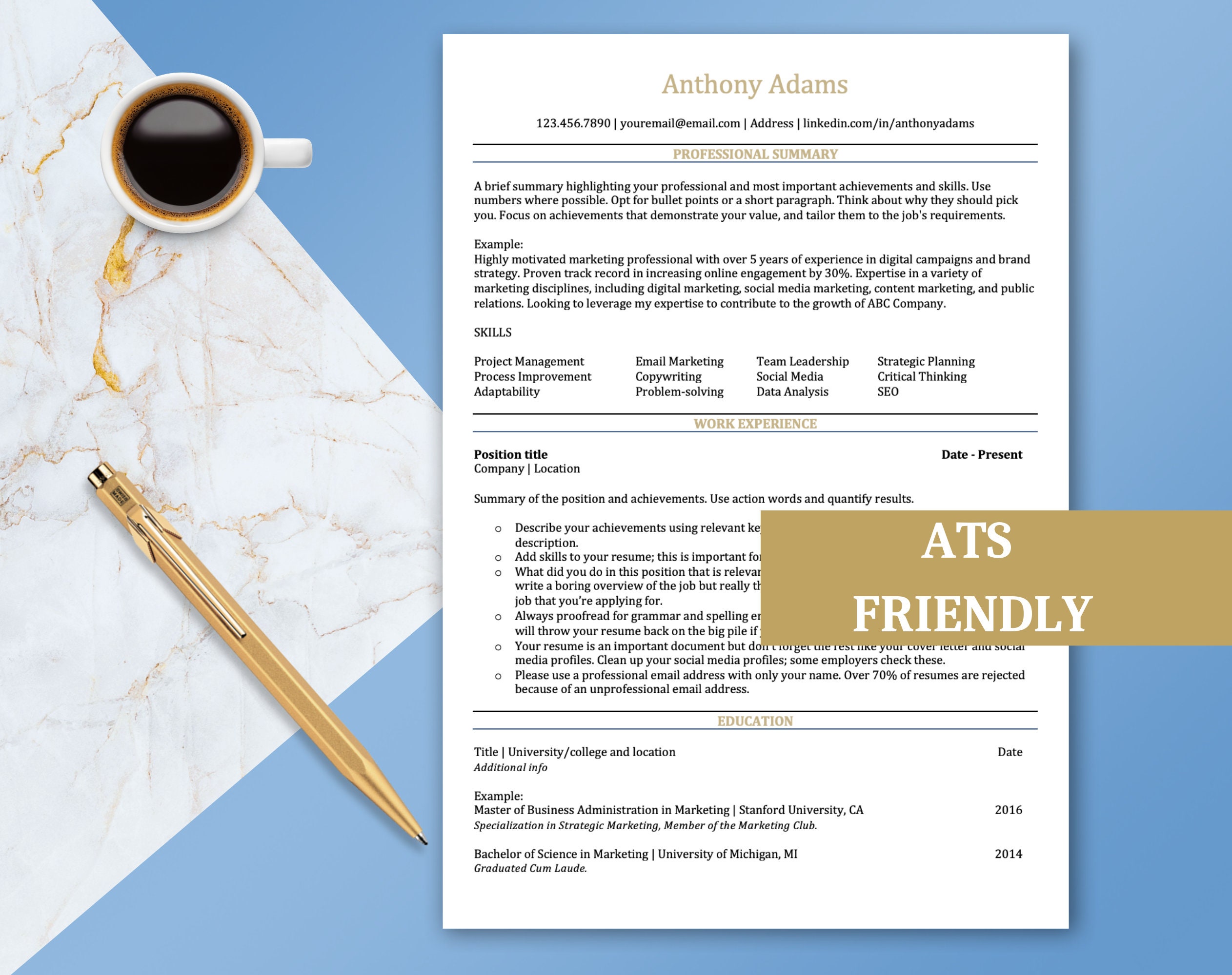 ATS Resume Template Word, Pages, Google Docs, ATS Friendly Resume ...