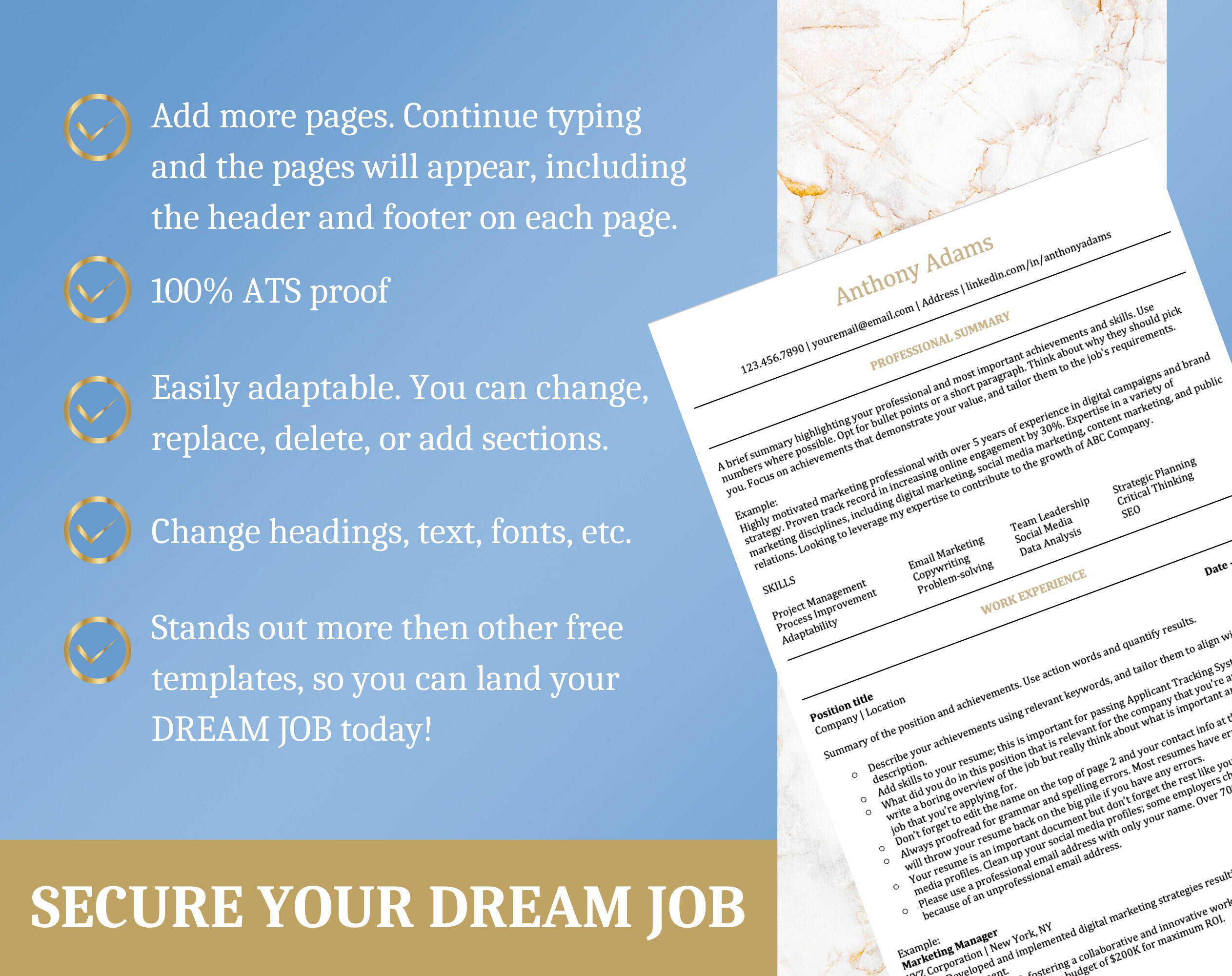 ATS Resume Template Word, Pages, Google Docs, ATS Friendly Resume ...
