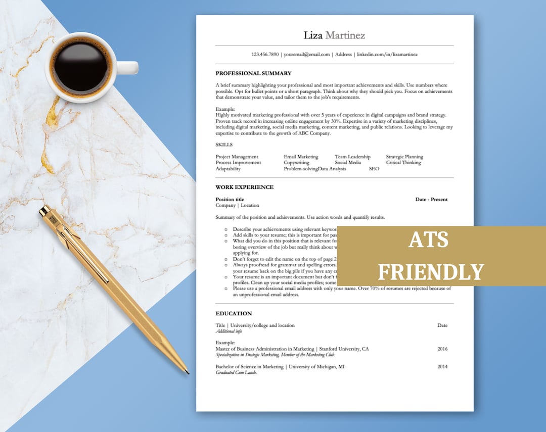 ATS Friendly Resume Template for Word, Pages, Google Docs, One Column ...