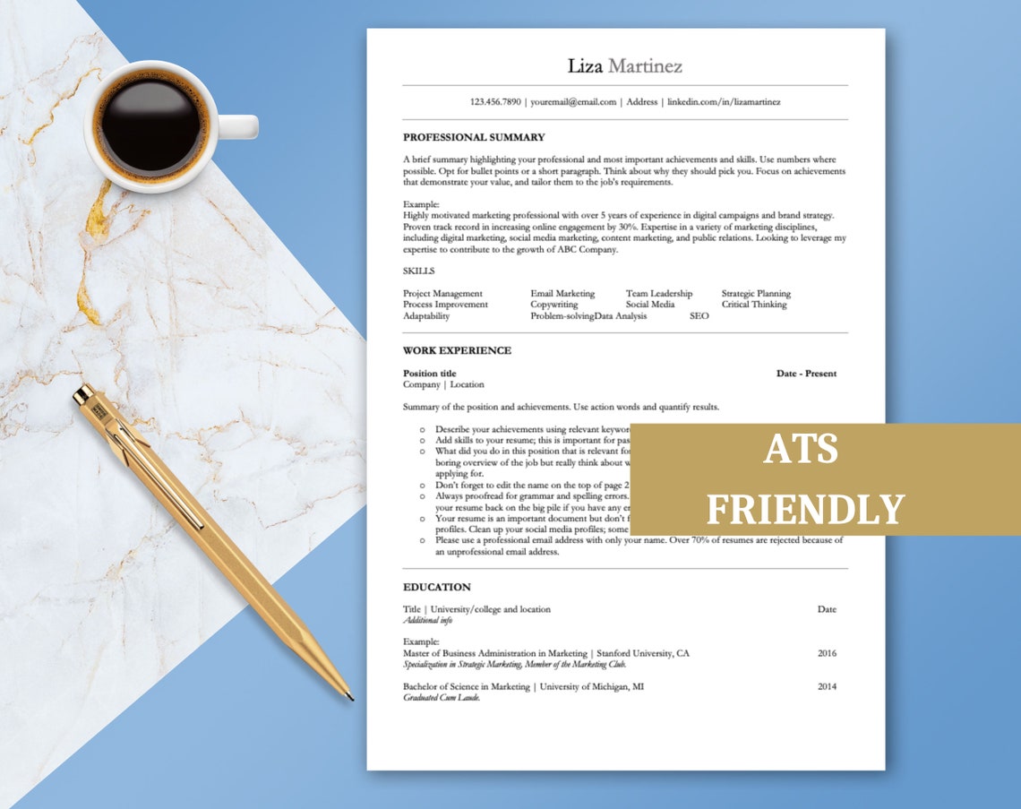 ATS Friendly Resume Template for Word, Pages, Google Docs, One Column ...