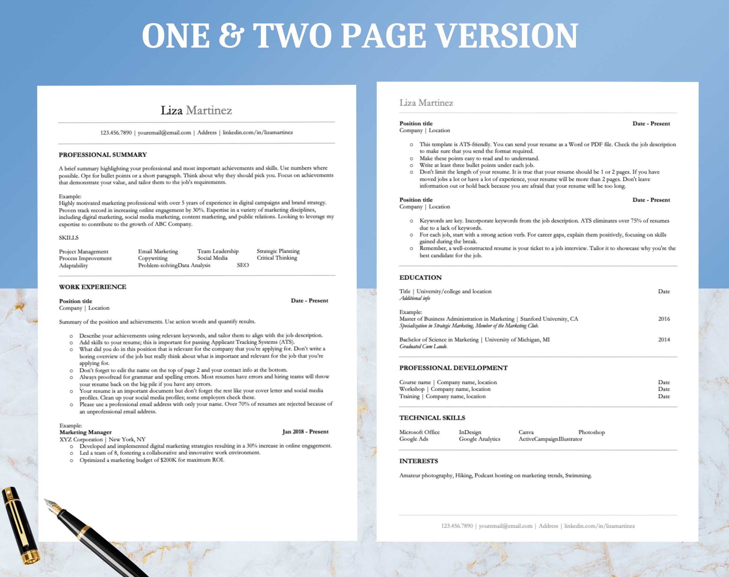 ATS Friendly Resume Template for Word, Pages, Google Docs, One Column ...