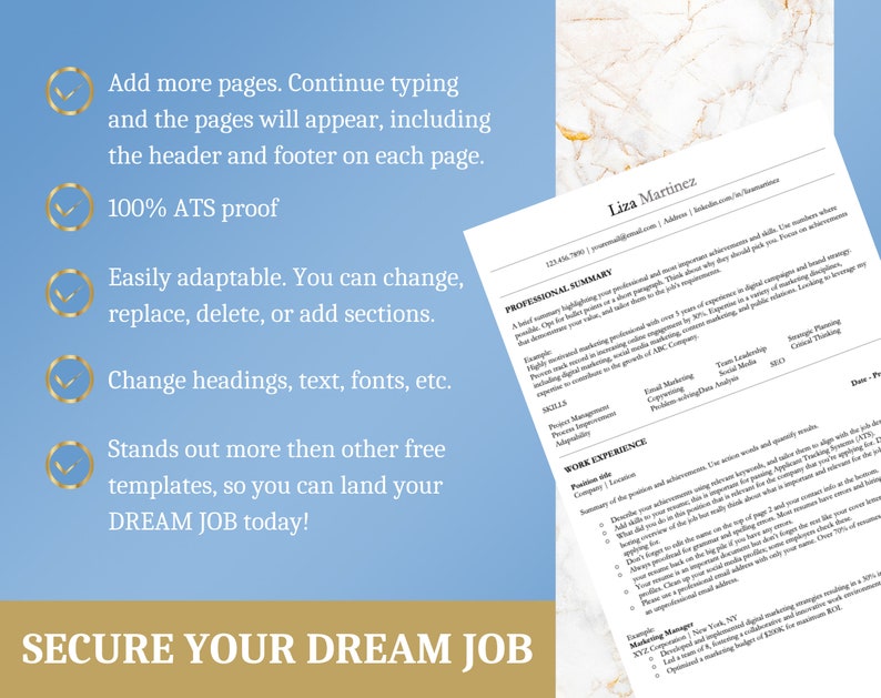 ATS Friendly Resume Template for Word, Pages, Google Docs, One Column ...