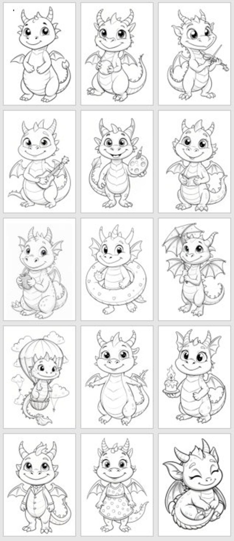 PDF File, Coloring Pages for Kids, Little Dragon, 15 Pages for Print ...