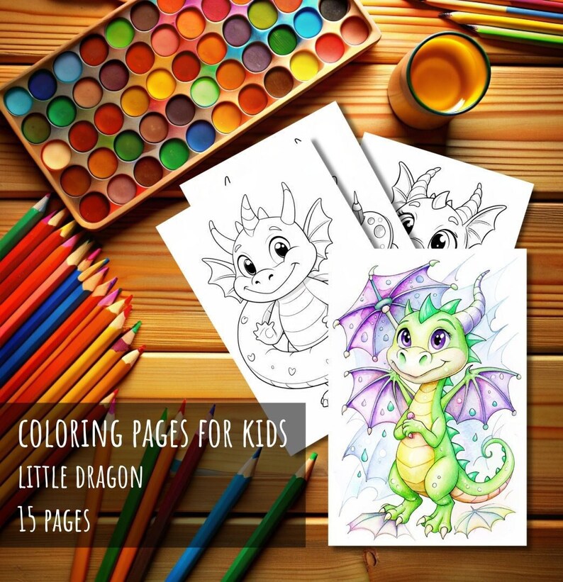 PDF File, Coloring Pages for Kids, Little Dragon, 15 Pages for Print ...