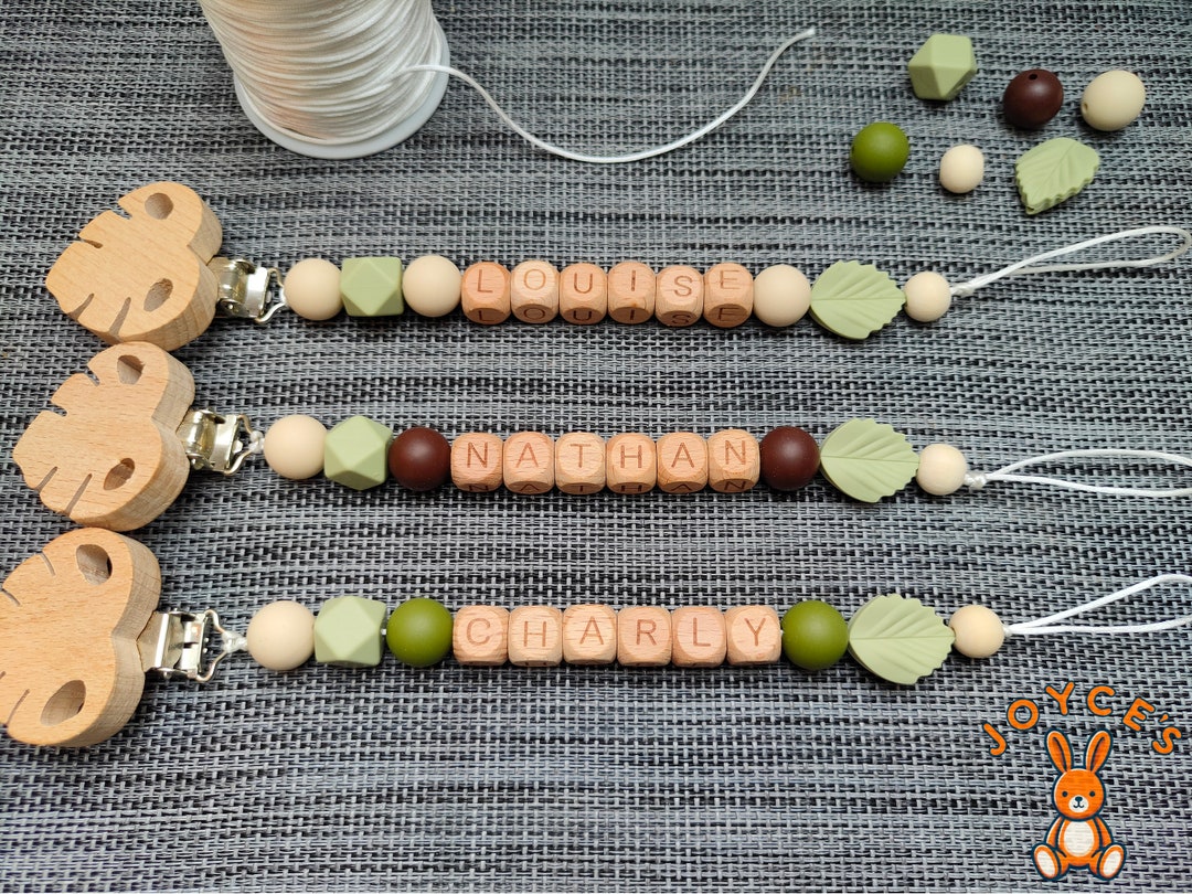 Personalized Leaf Green Pacifier Clip, Silicone and Wood, Personalized ...