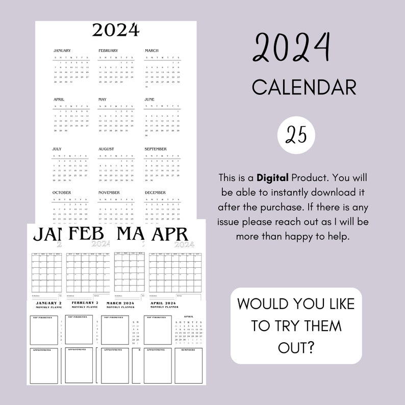 Simple Printable Calendar 2024 Calendar With Planner Monthly Calendar ...