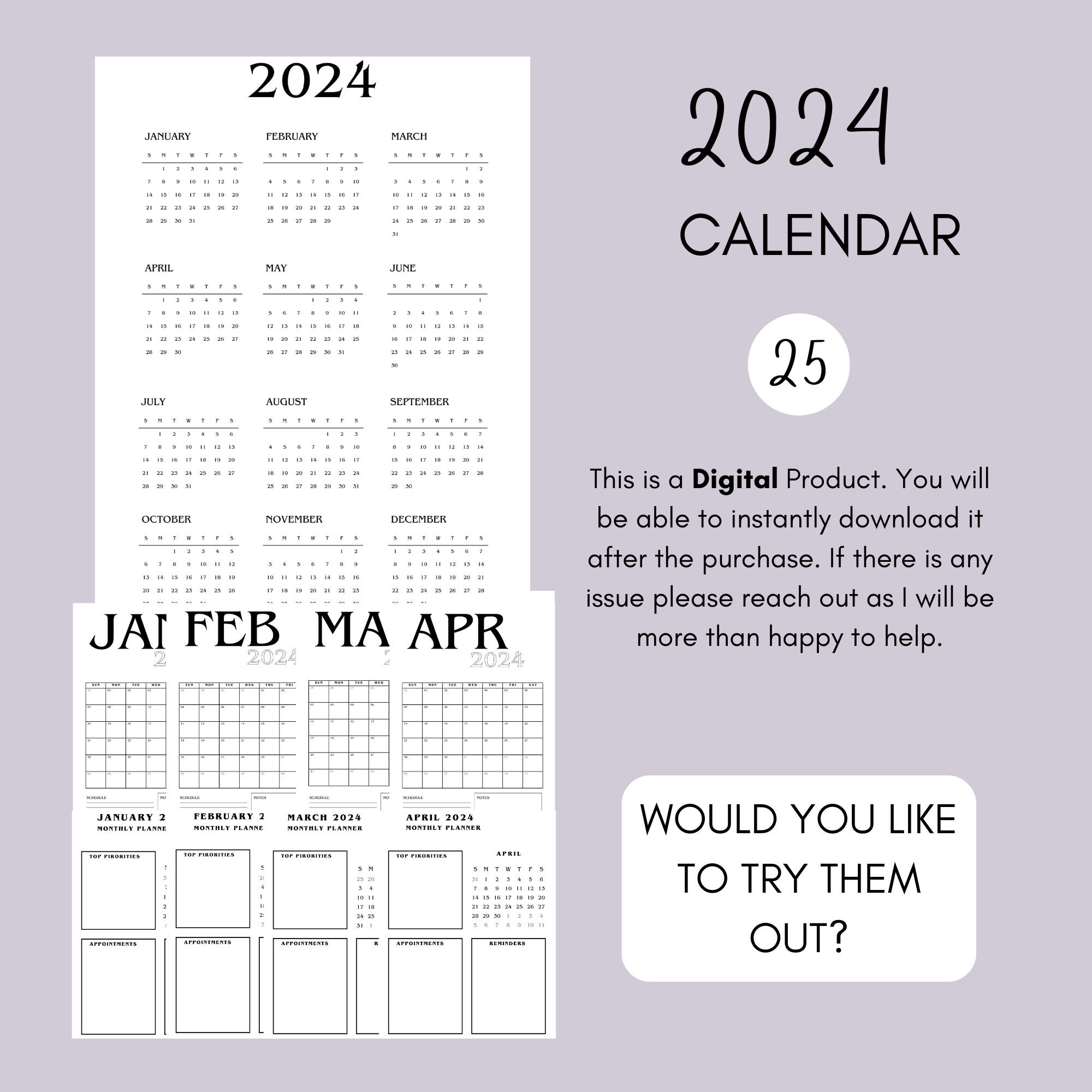 Simple Printable Calendar 2024 Calendar With Planner Monthly Calendar ...