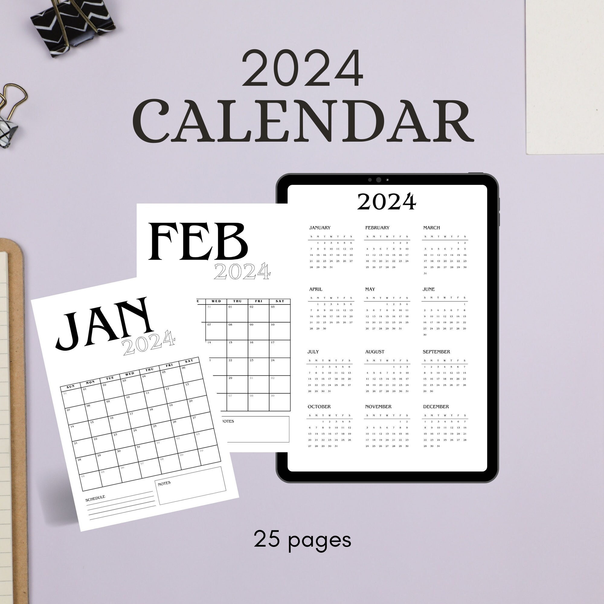 Simple Printable Calendar 2024 Calendar With Planner Monthly Calendar ...