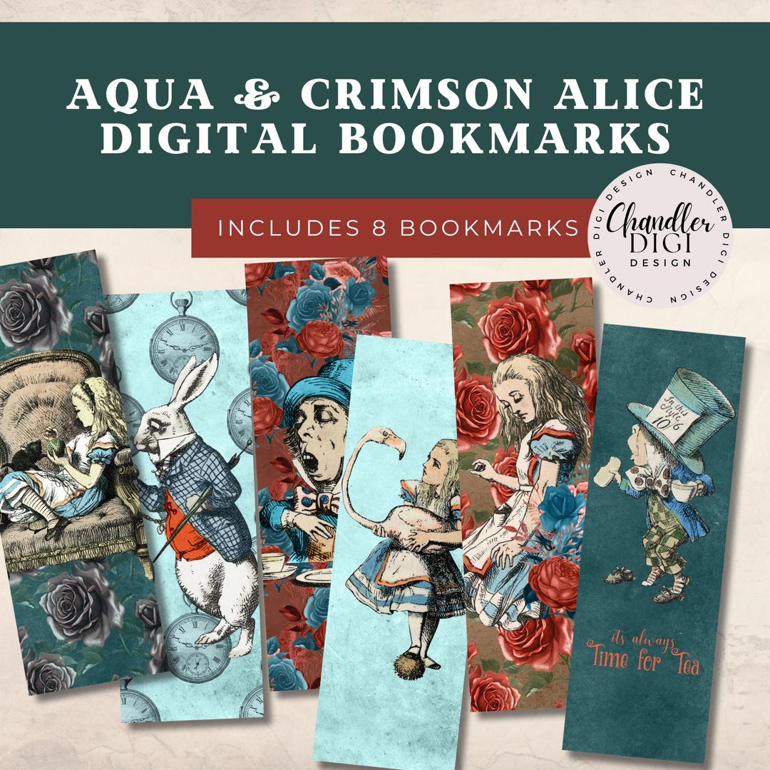 Crimson & Aqua Alice in Wonderland Bookmarks | Junk Journal Printable ...