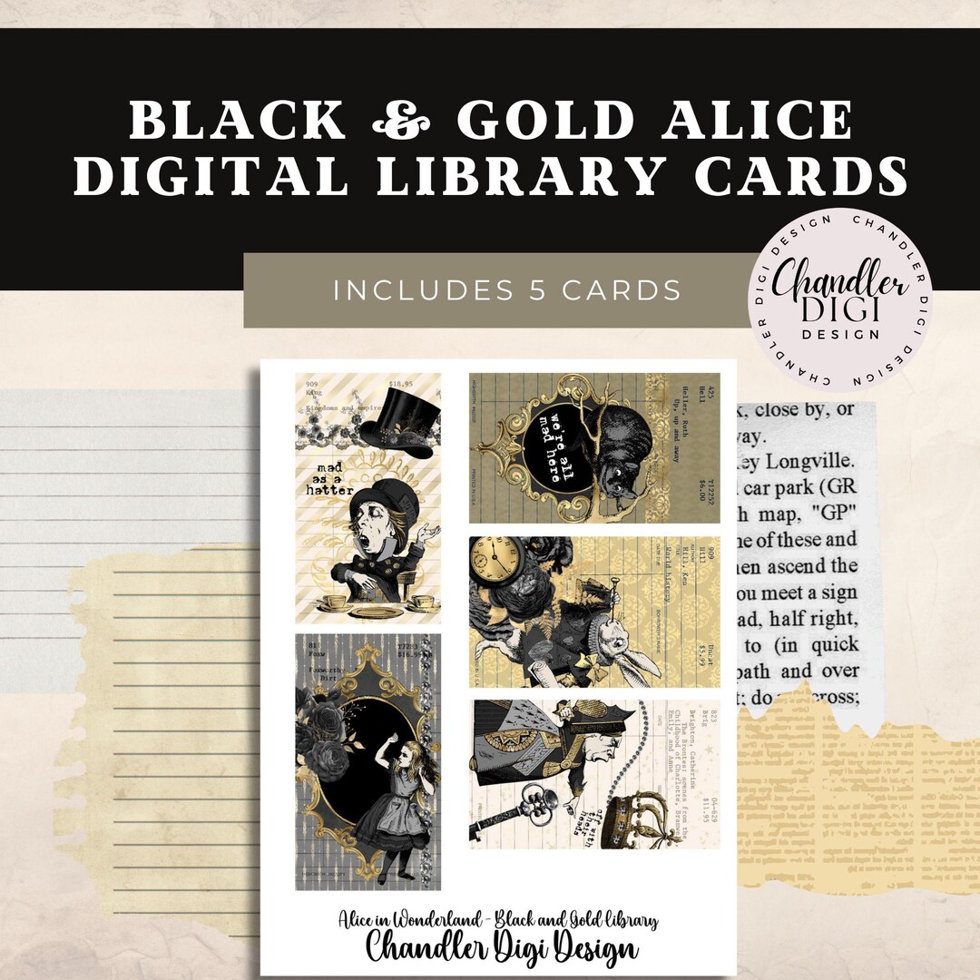 Gold & Black Alice Library Cards Digital Download | Digital Ephemera ...