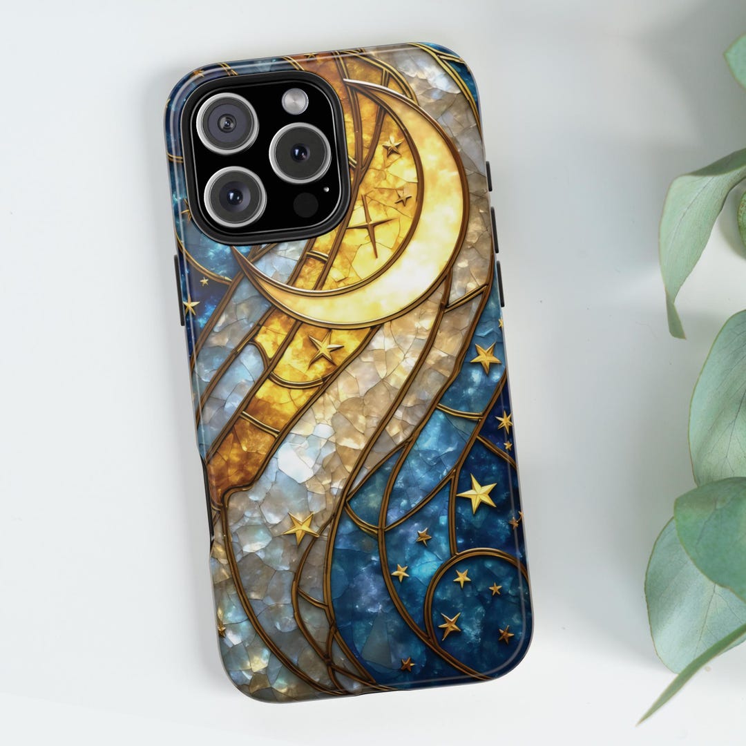 Starry Night Phone Case, Moon and Stars Emulates Stained Glass ...