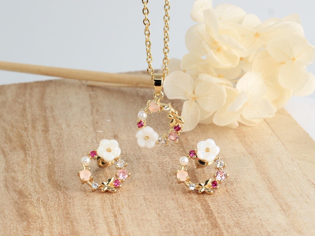 Delicate Floral Pendant Necklace & Earrings Adorned With Delicate Pink ...