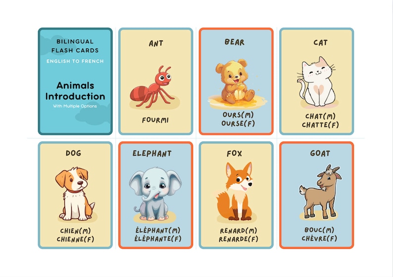 49 BILINGUAL ANIMAL Flash Cards - English & French Alphabet Learning ...