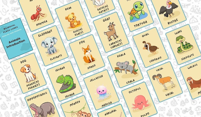 49 BILINGUAL ANIMAL Flash Cards - English & Spanish Alphabet Learning ...