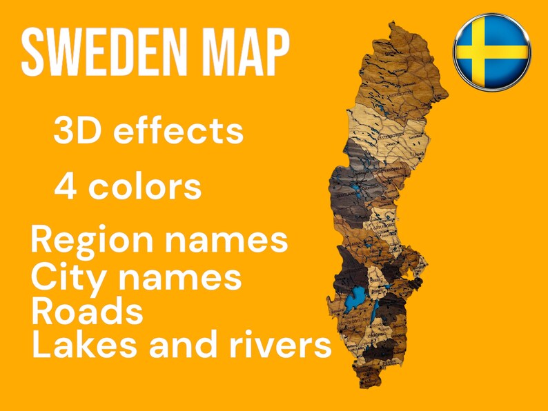 Map of Sweden, Wooden Map, 3D Effect, Laser Cut, Wall Art, Decor ...