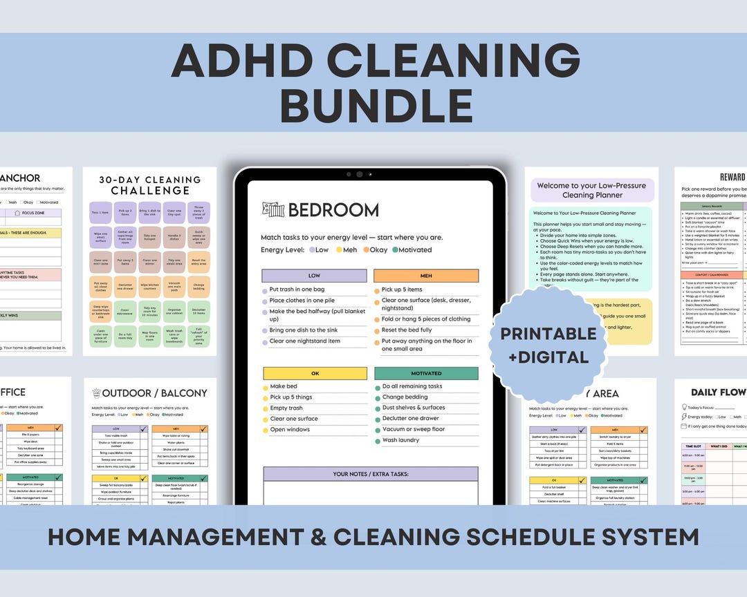 ADHD Cleaning Schedule Bundle Room Checklists Energy-level Tasks & Home ...