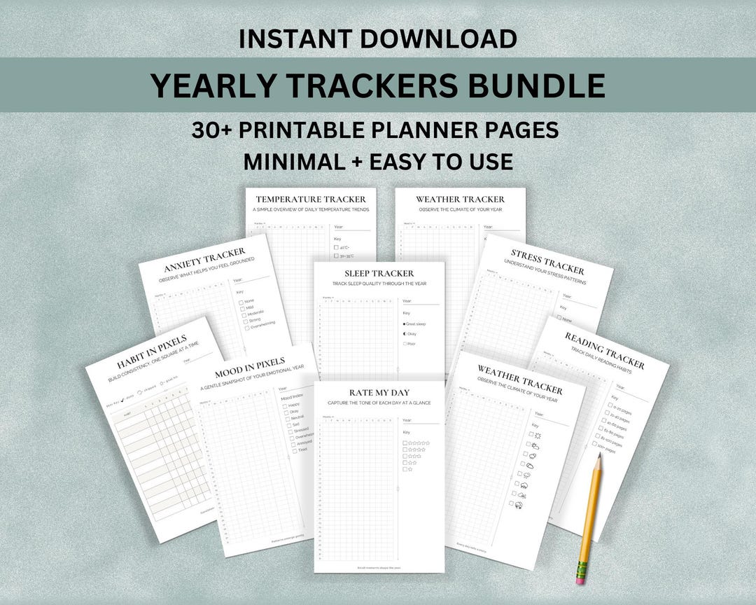 Yearly Tracker Bundle Printable Journal Wellness Habit Mood Sleep ...
