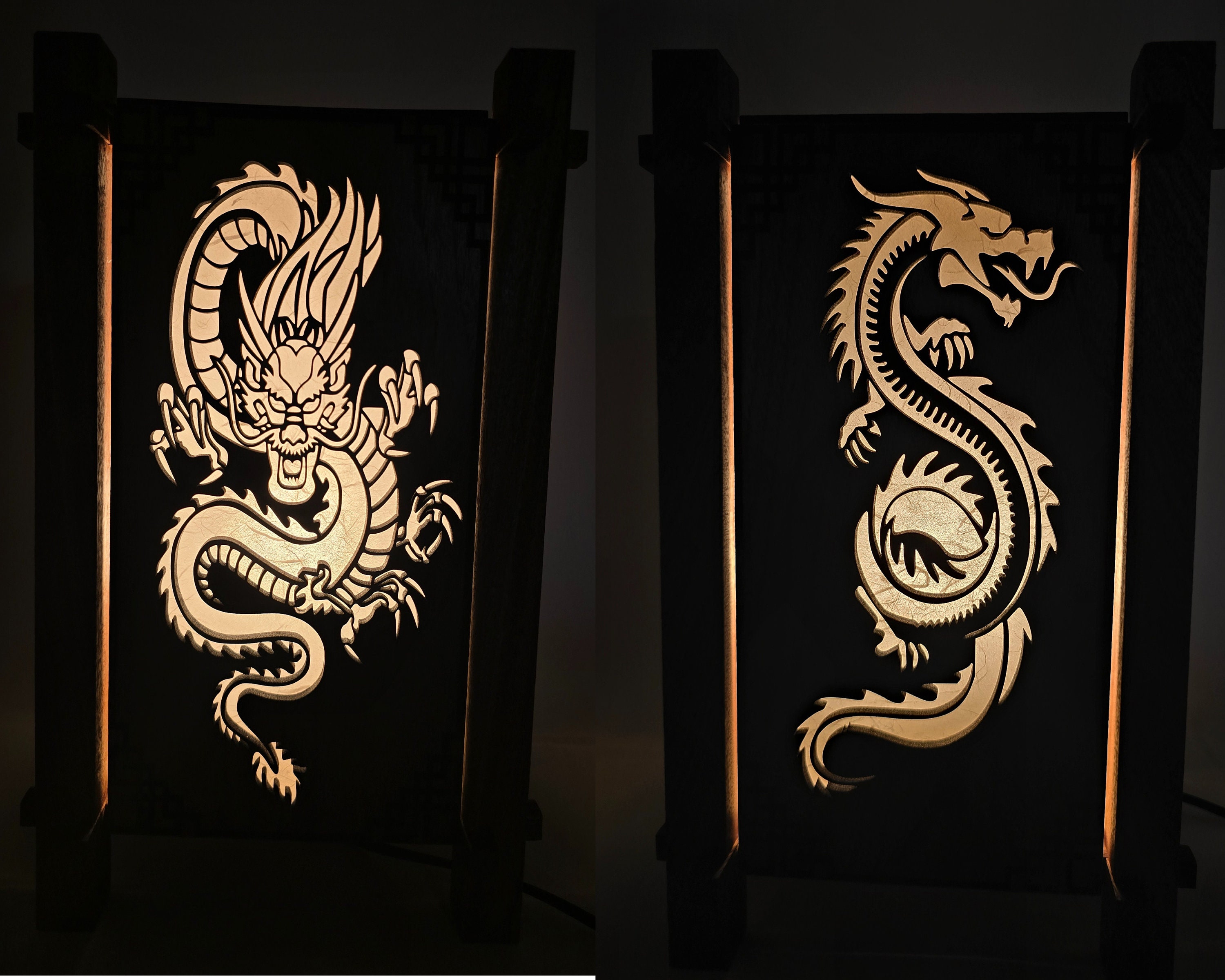 Handcrafted Dragon Lamp - Intricate Wood Carving, Mythical Creature ...