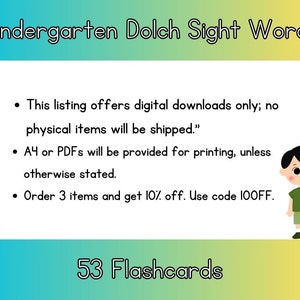Dolch Printable Kindergarten Sight Words Flashcards 53 Cards, for ...