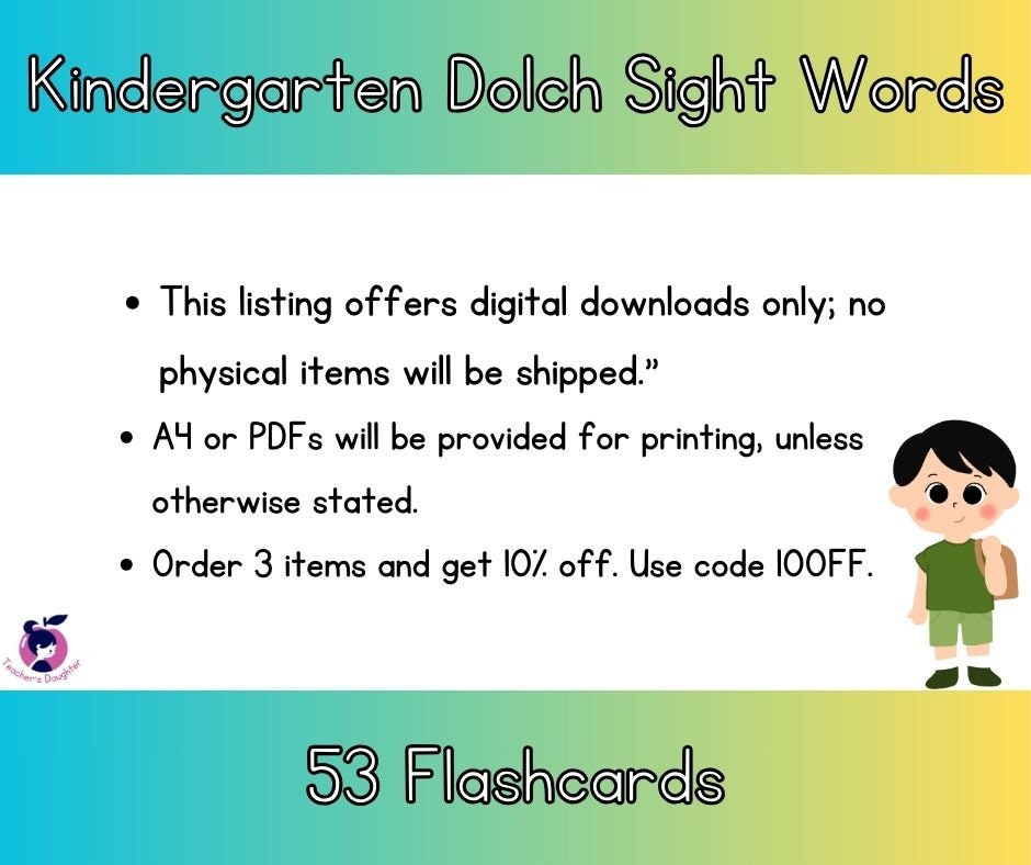 Dolch Printable Kindergarten Sight Words Flashcards 53 Cards, for ...