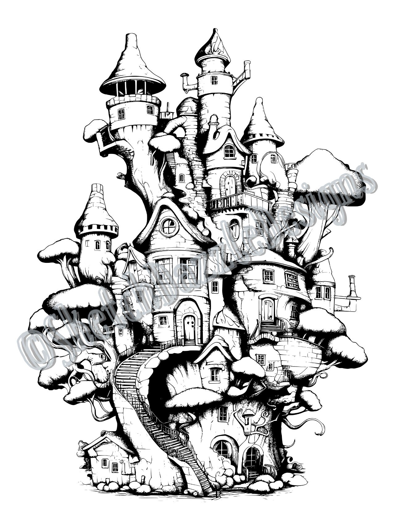 Whimsical Fairy Toadstool and Tree Houses Adult Coloring Pages Set of 6 ...
