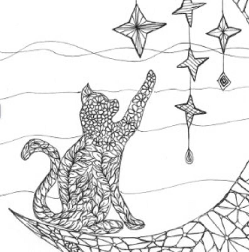Cat and Moon Zendoodle Adult Coloring Page With Botannicals and ...