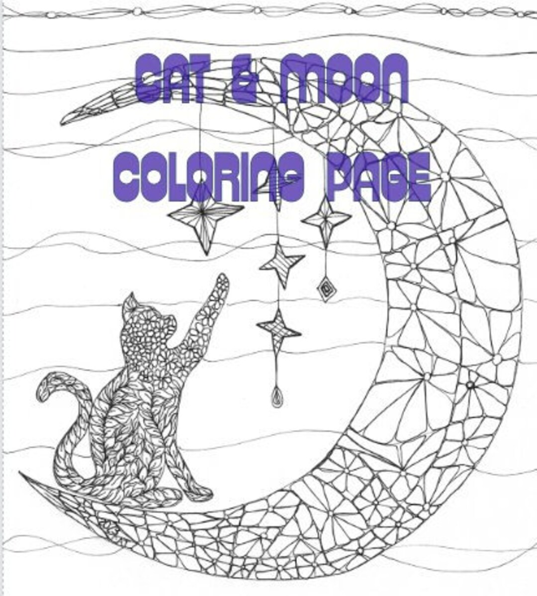 Cat and Moon Zendoodle Adult Coloring Page With Botannicals and ...