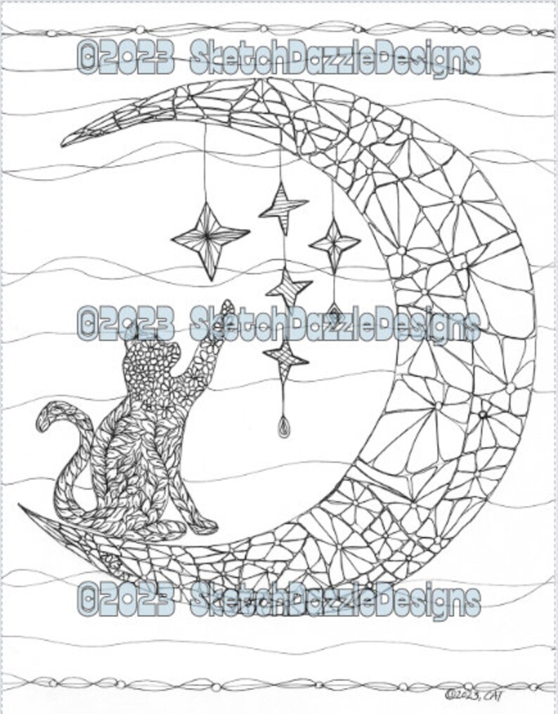 Cat and Moon Zendoodle Coloring Page: Geometric Botanicals (digital ...
