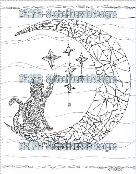 Cat and Moon Zendoodle Adult Coloring Page With Botannicals and ...
