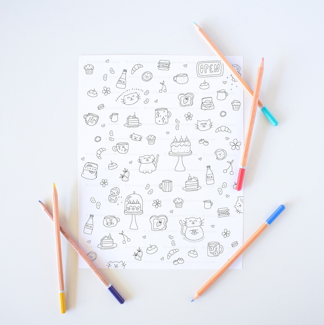 Cat Café 8.5 by 11 Coloring Page Adult Coloring Page Children's ...