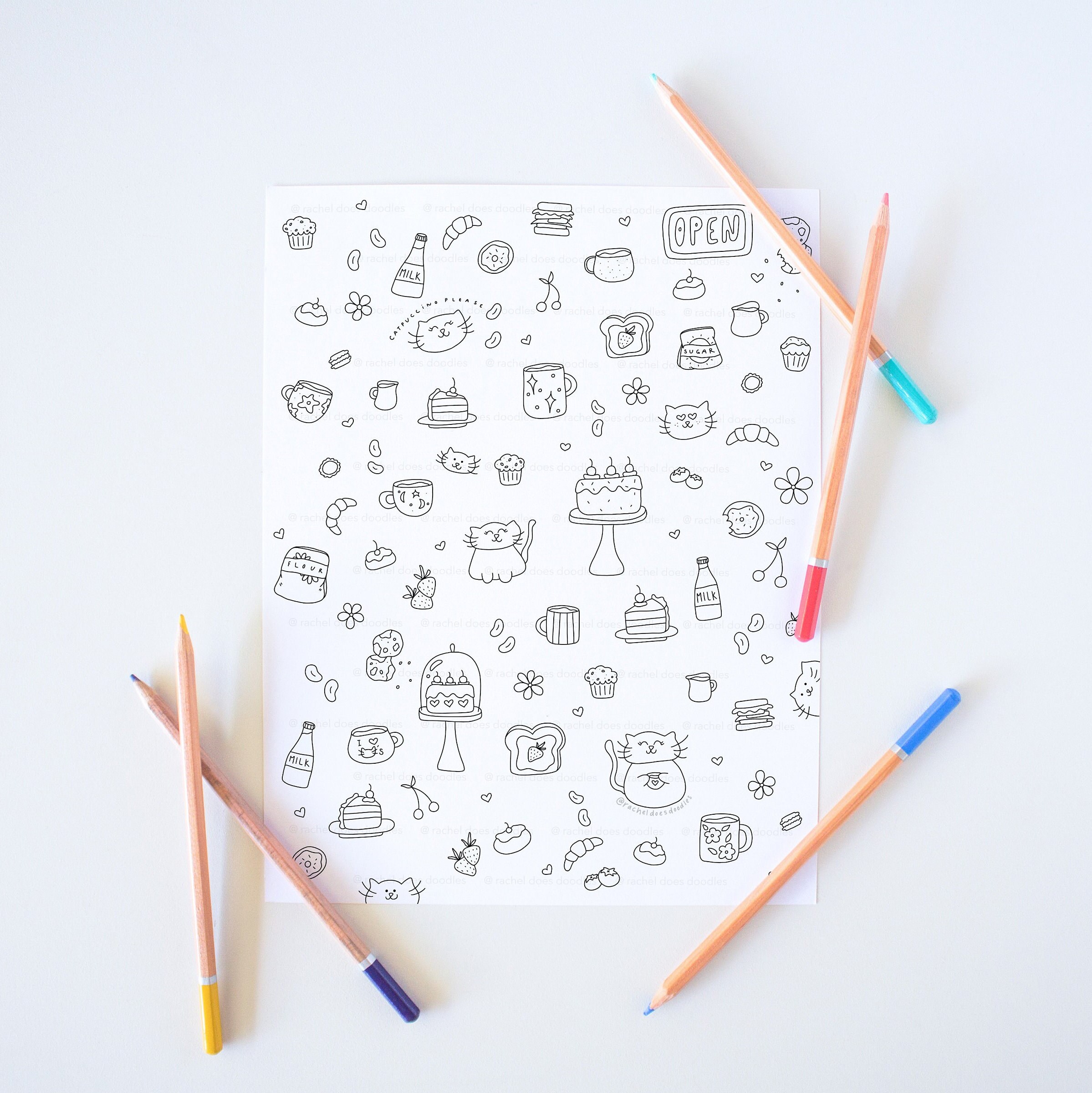 Cat Café 8.5 by 11 Coloring Page Adult Coloring Page Children's ...