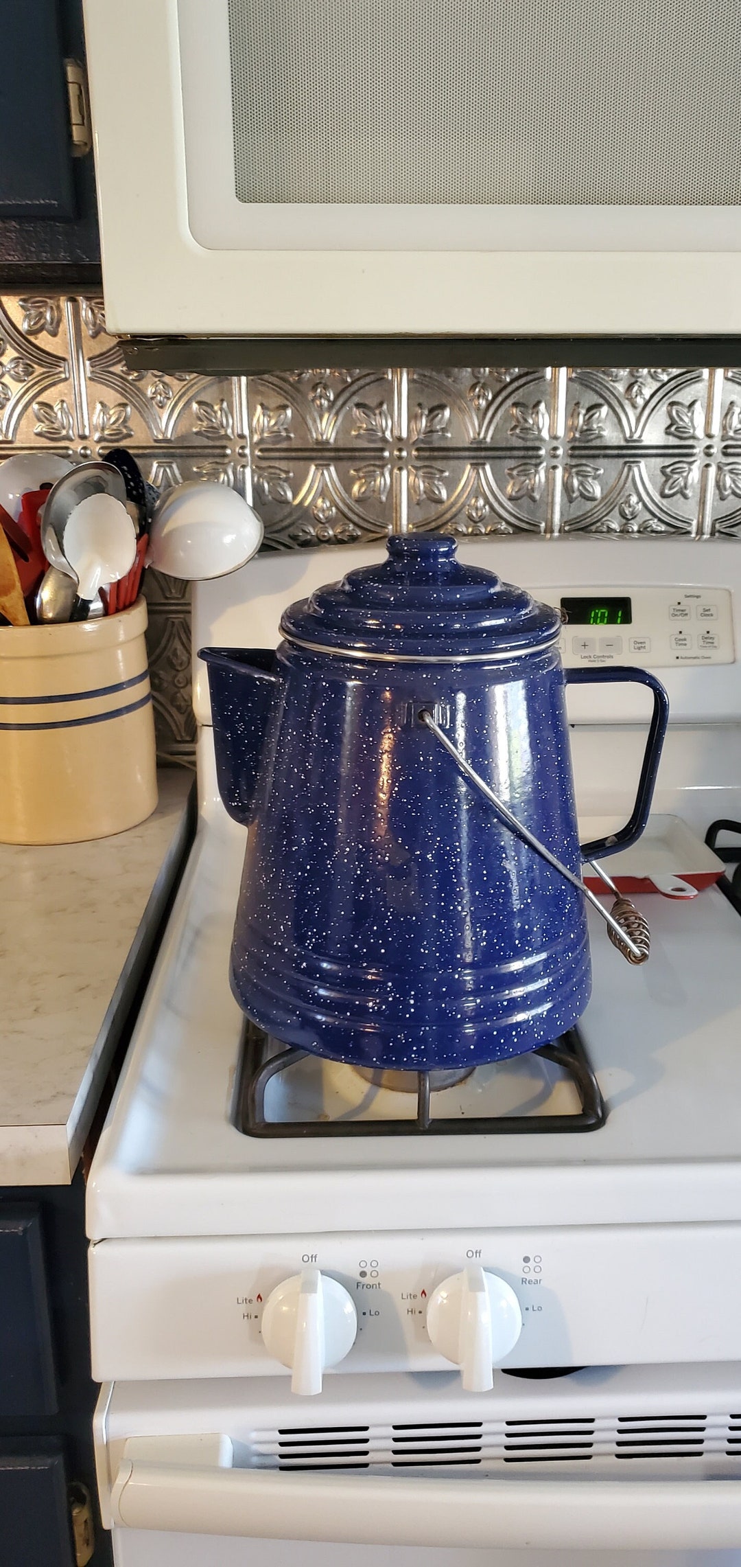 Vintage Large 12 Inch Navy Blue Speckled Enamelware Coffee Pot With ...
