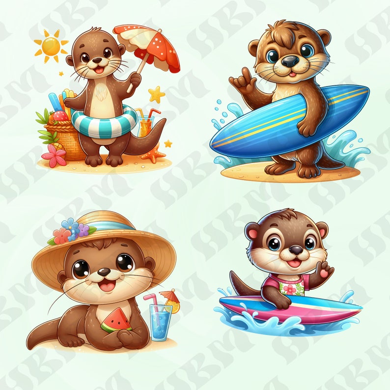 24 Cute Cartoon Otter Summer Clipart Bundle, Surf Nursery Decor, Beach ...