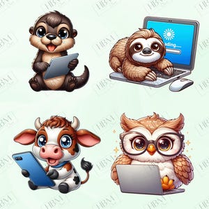 Cute Cartoon Tech Animals Clipart Bundle, Whimsical Gadgets Stickers ...