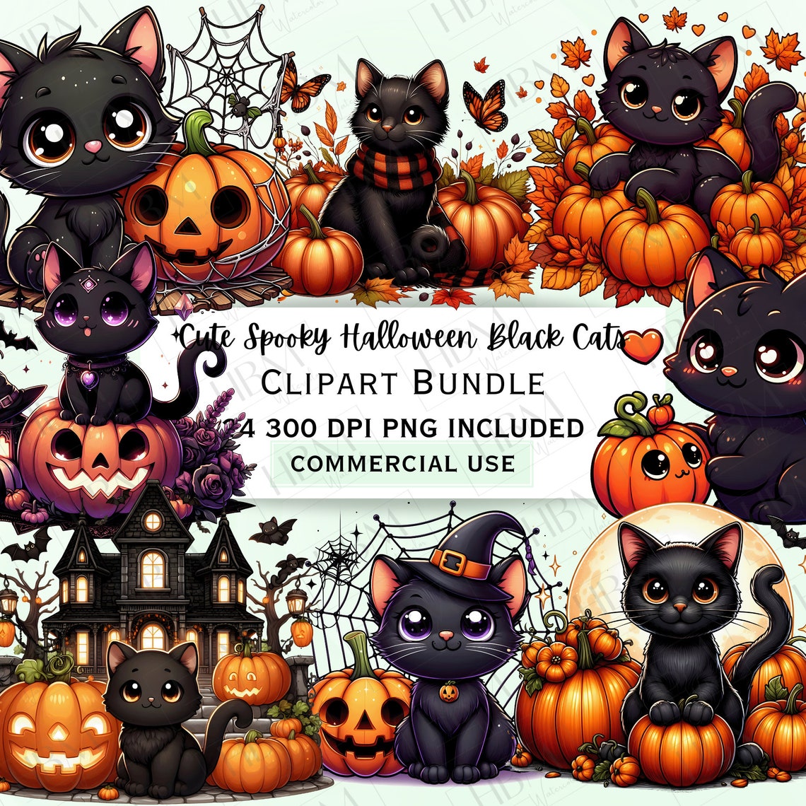Cute Cartoon Halloween Black Cats Clipart Bundle, Spooky Festive ...