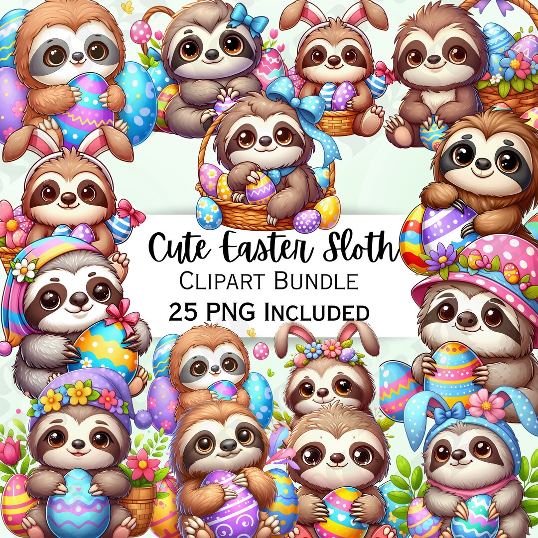 25 Cute Easter Sloth Clipart Bundle, Lazy Stickers, Adorable Baby Wall ...