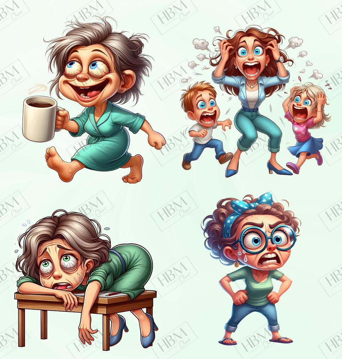 Funny Cartoon Mom Life Chaos Clipart Bundle, Exhausted Quirky Mother ...