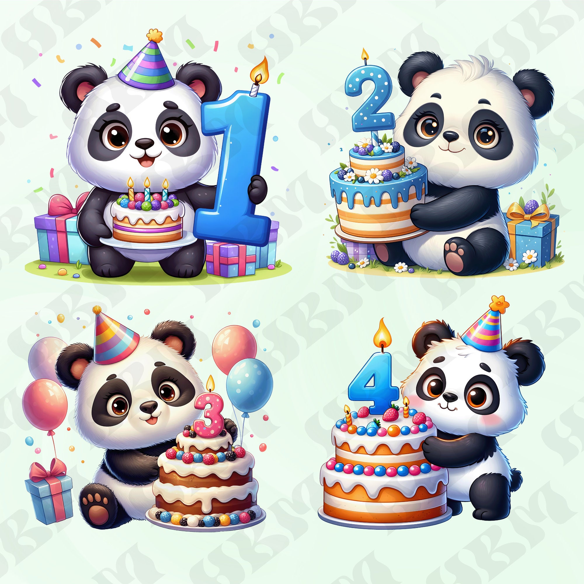 16 Cute Birthday Pandas Clipart Bundle, Cartoon Sticker, Adorable Party ...