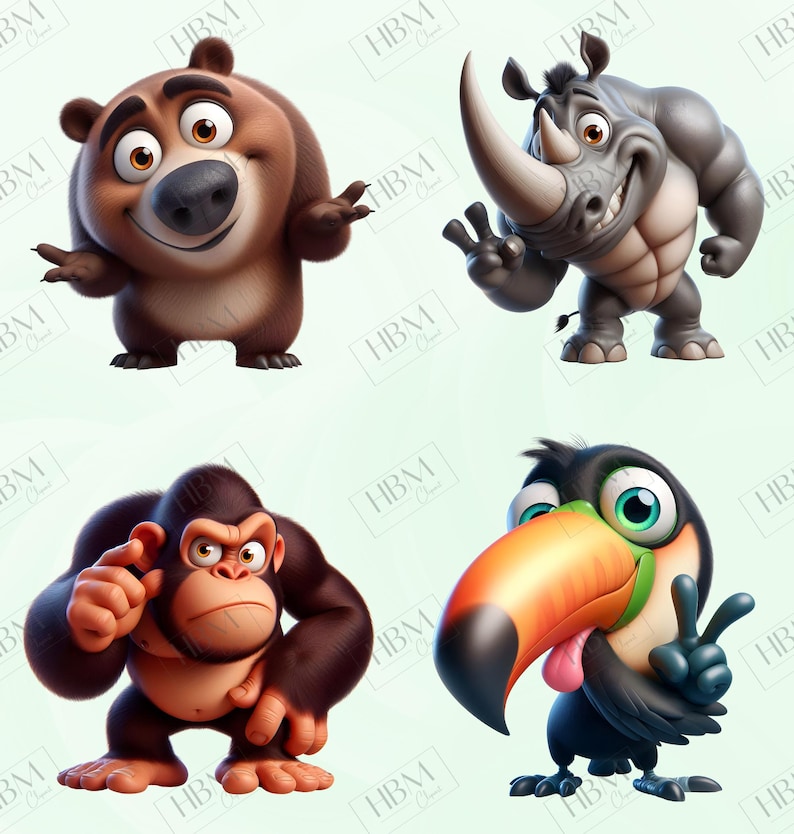 Funny Cartoon 3D Animals Clipart Bundle, Quirky Lion Sticker, Adorable ...