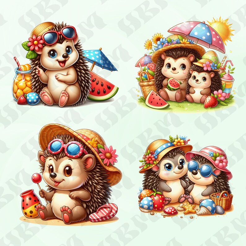 Cute Cartoon Hedgehogs Summer Clipart Bundle, Surf Nursery Decor, Beach ...