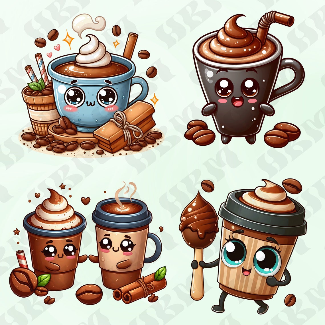 24 Cute Coffee Characters Clipart Bundle, Caffeine Card Making ...