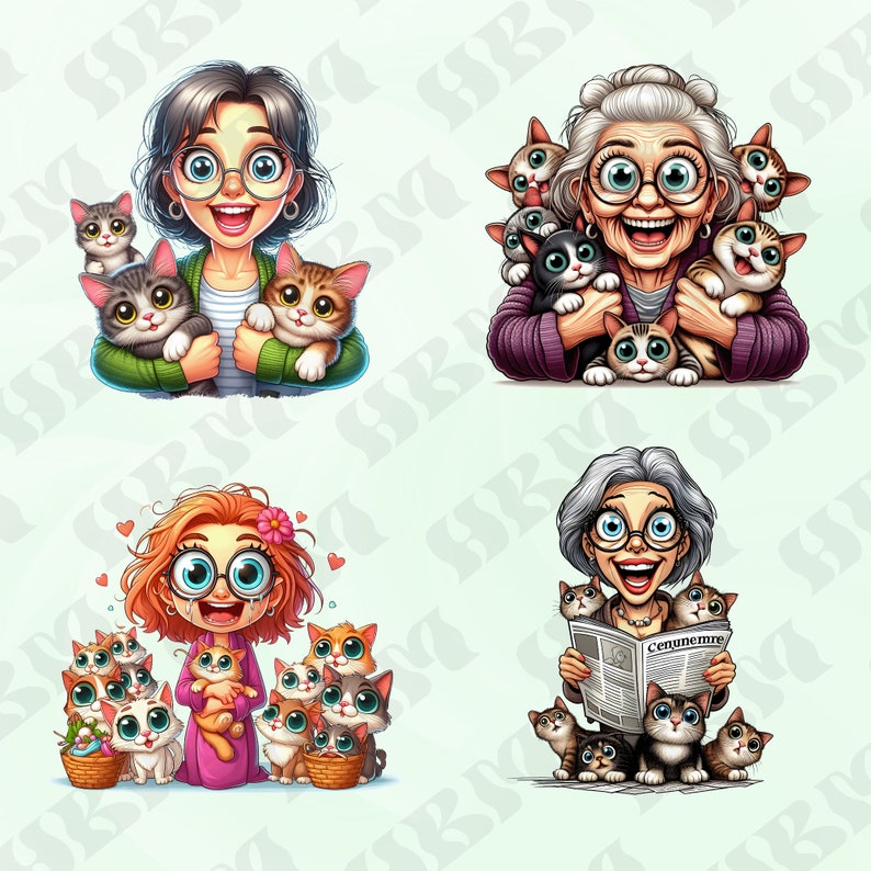 Funny Crazy Cat Lady Clipart Bundle, Witty Stickers, Whimsical Cartoon ...