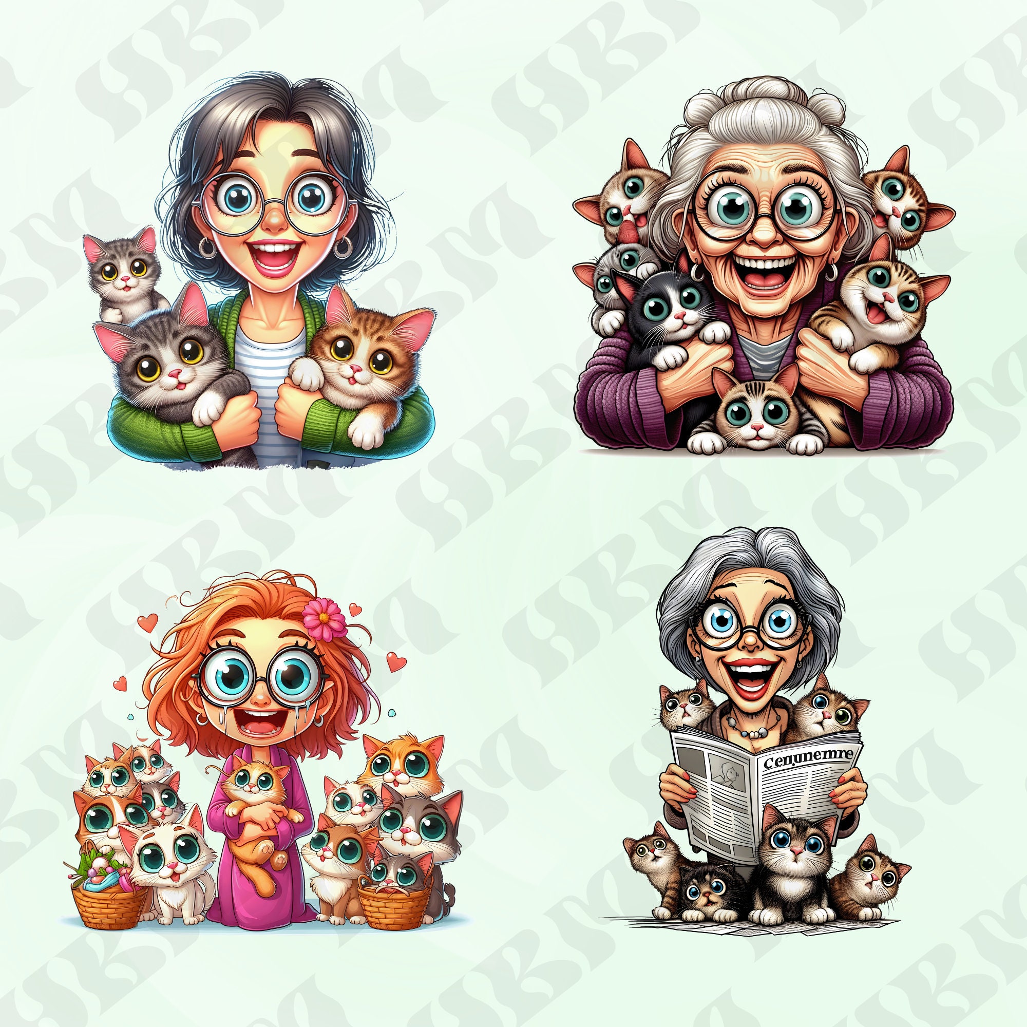 Funny Crazy Cat Lady Clipart Bundle, Witty Stickers, Whimsical Cartoon ...