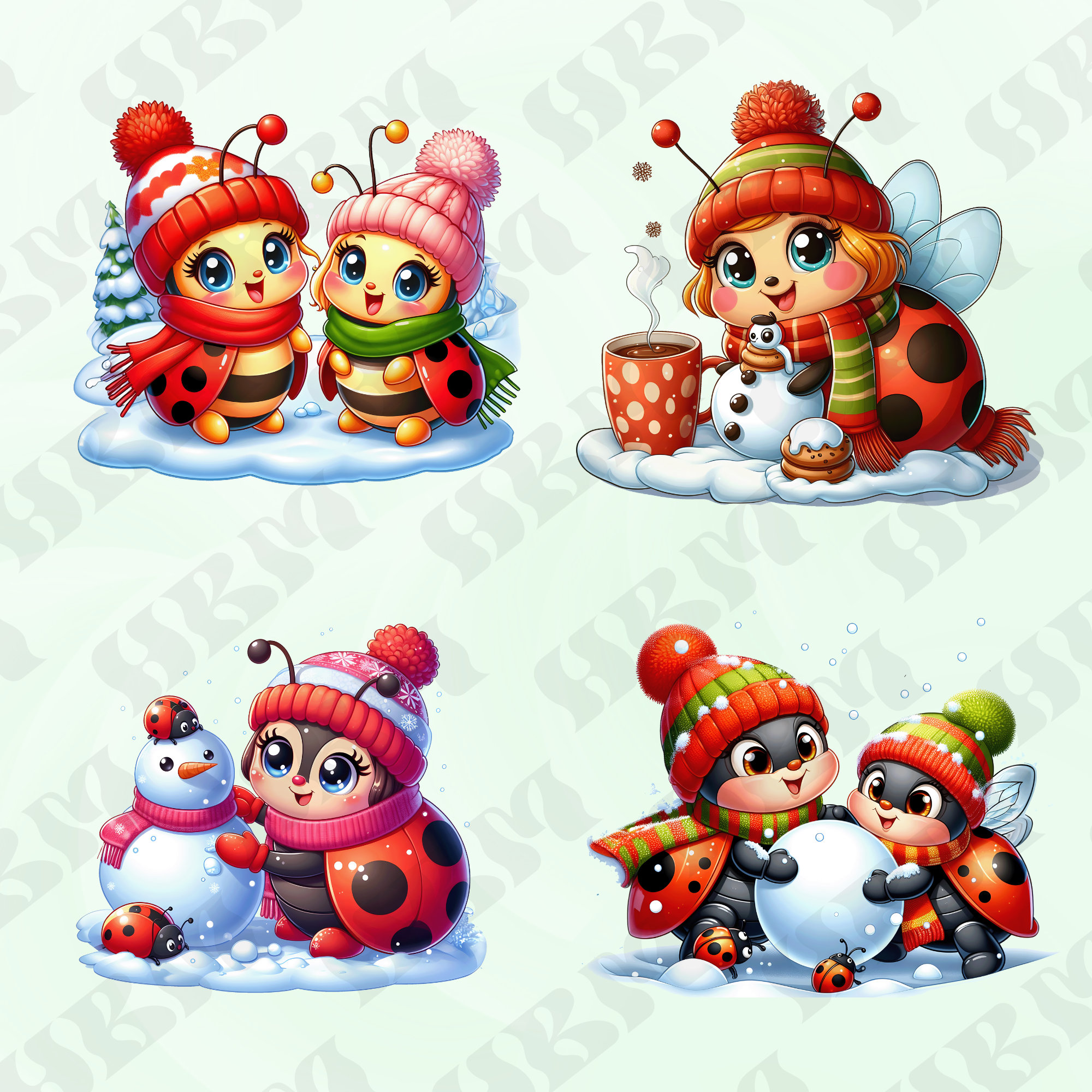 Cute Cartoon Winter Lady Bugs Clipart Bundle, Snow Nursery Decor, Cozy ...