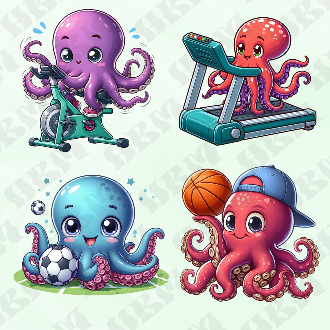 Cute Cartoon Sporty Octopus Clipart Bundle, Fitness Nursery Decor ...