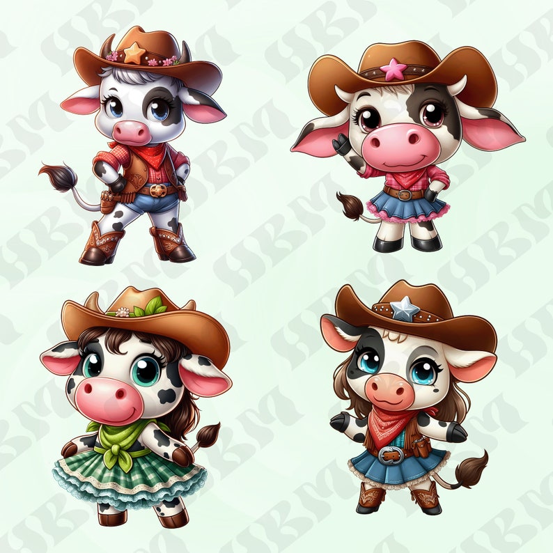 Cute Cartoon Western Cows Clipart Bundle, Funny Cowboy Sticker ...